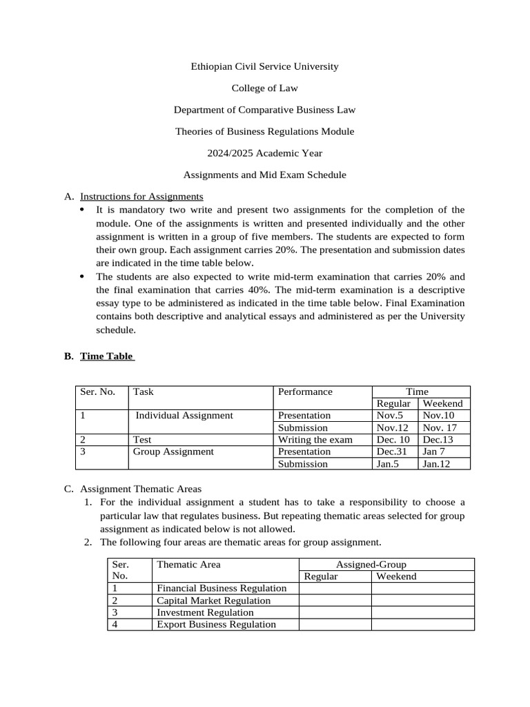 Business Law Assignments Schedule | PDF