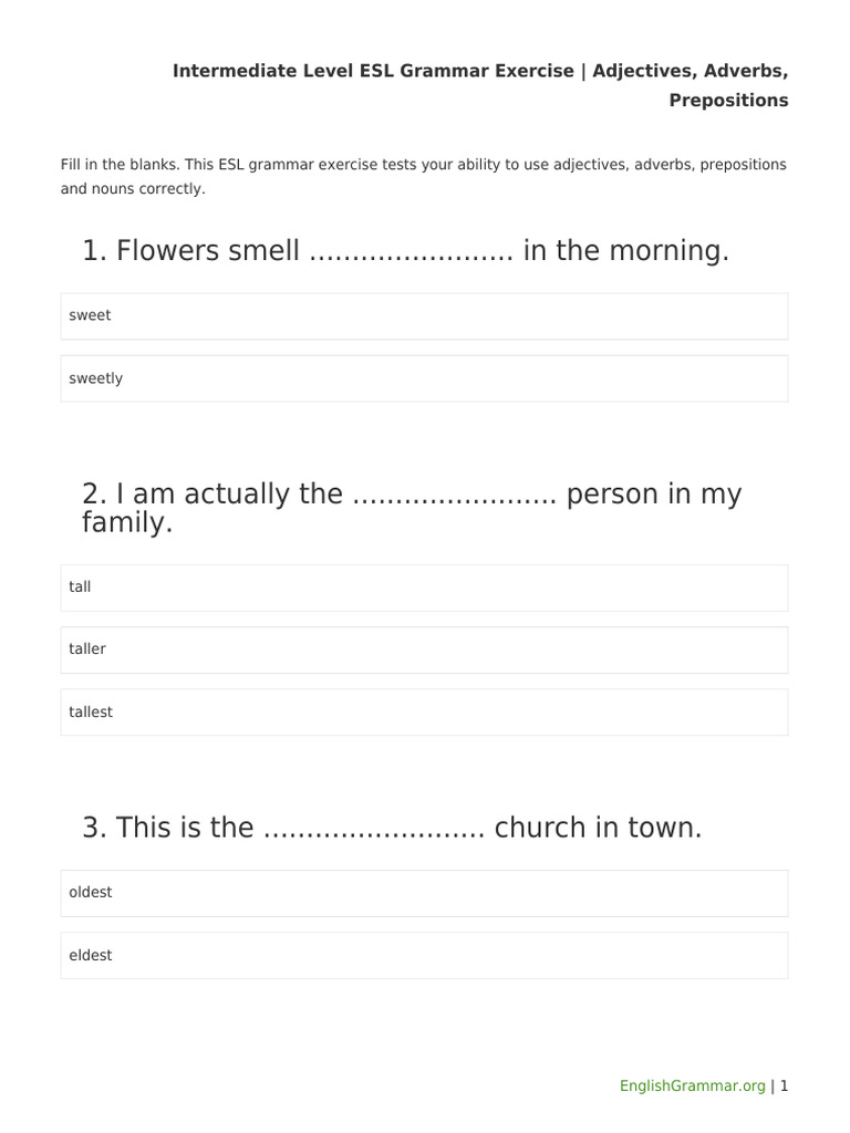 Intermediate Level ESL Grammar Exercise - Adjectives, Adverbs ...
