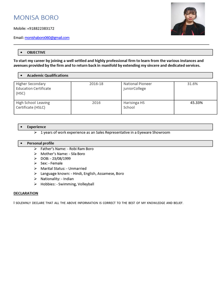 Monisa Boro's Career Objective and Profile | PDF | Career & Growth ...