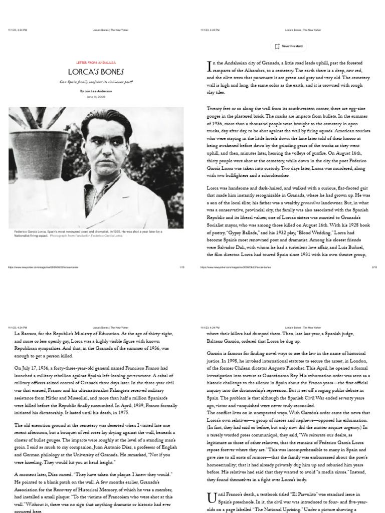 Lorca's Bones The New Yorker (June 2009) | PDF | Federico García Lorca | Francisco Franco