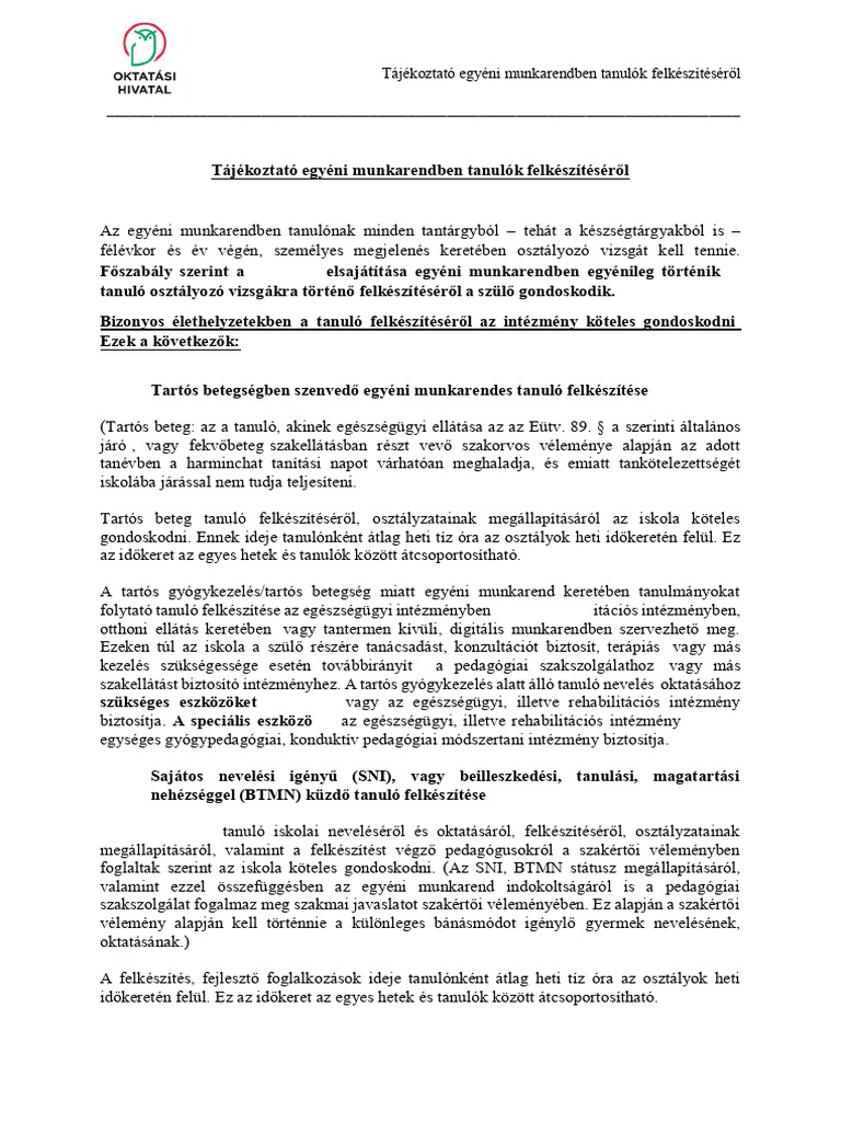 Egyeni Munkarendben Tanulo Felkeszitese | PDF