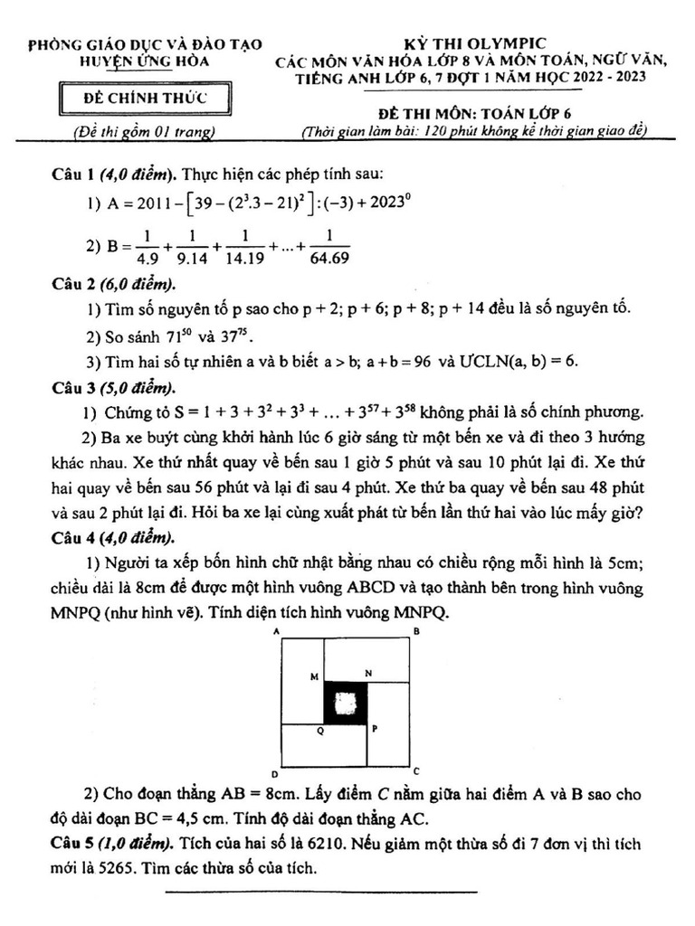 De Olympic Toan 6 Dot 1 Nam 2022 2023 Phong GDDT Ung Hoa Ha Noi | PDF