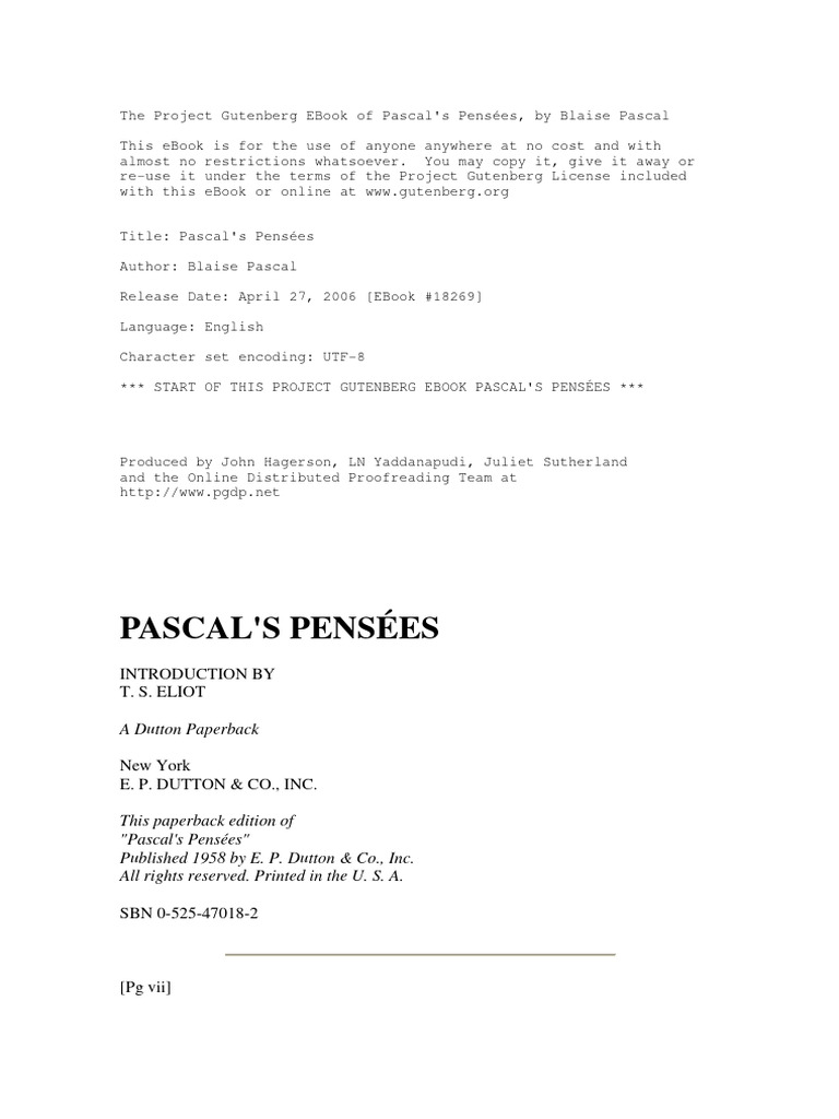 PENSÉES, Blaise Pascal | PDF | Grace In Christianity | Miracle