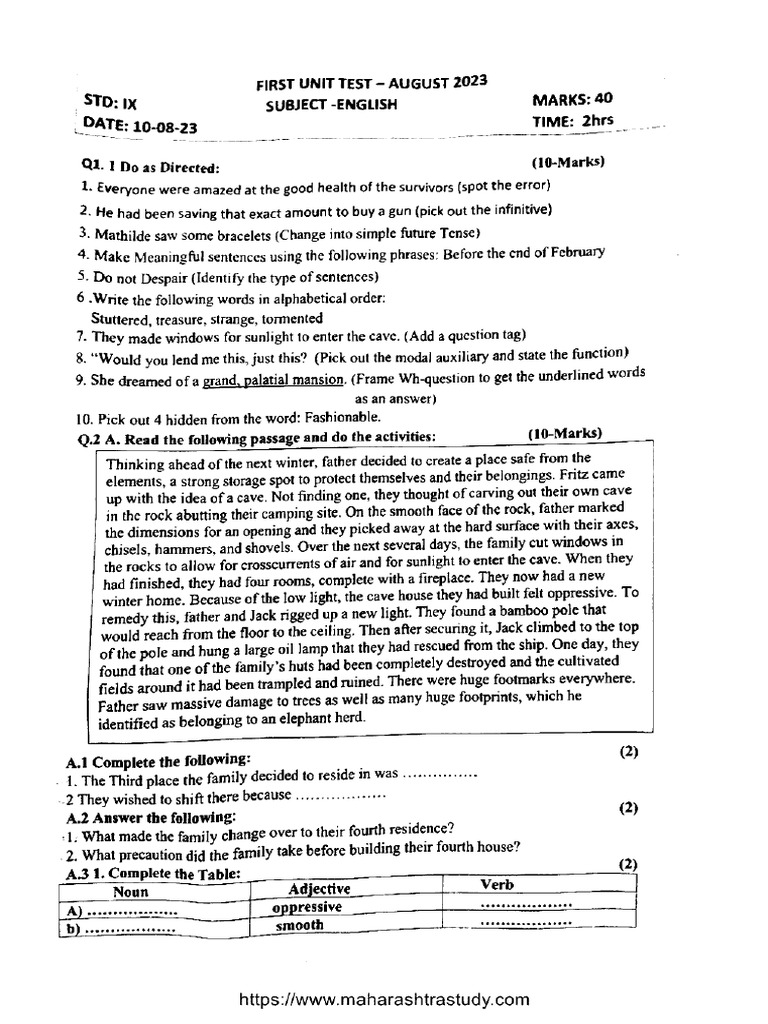 MH Board Class 9 Ut1 English 181123 Aug 2023 | PDF