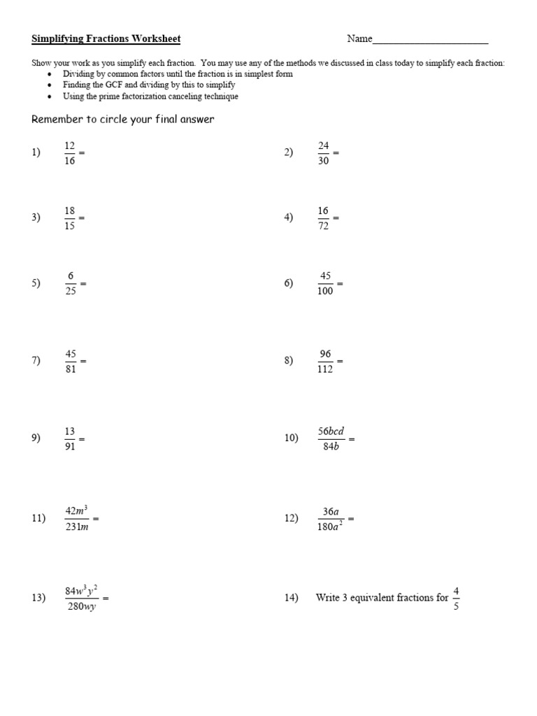 Simplifying Fractions Worksheet | PDF