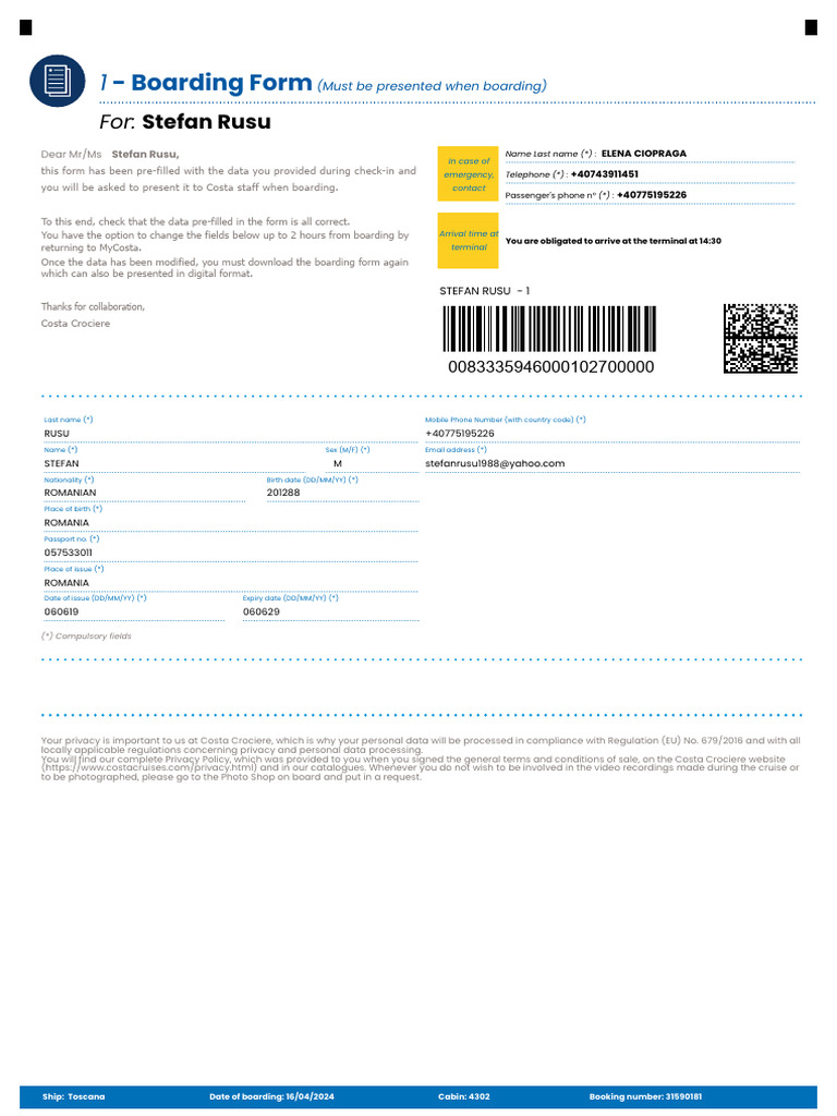 Boarding Pass Costa Toscana | PDF