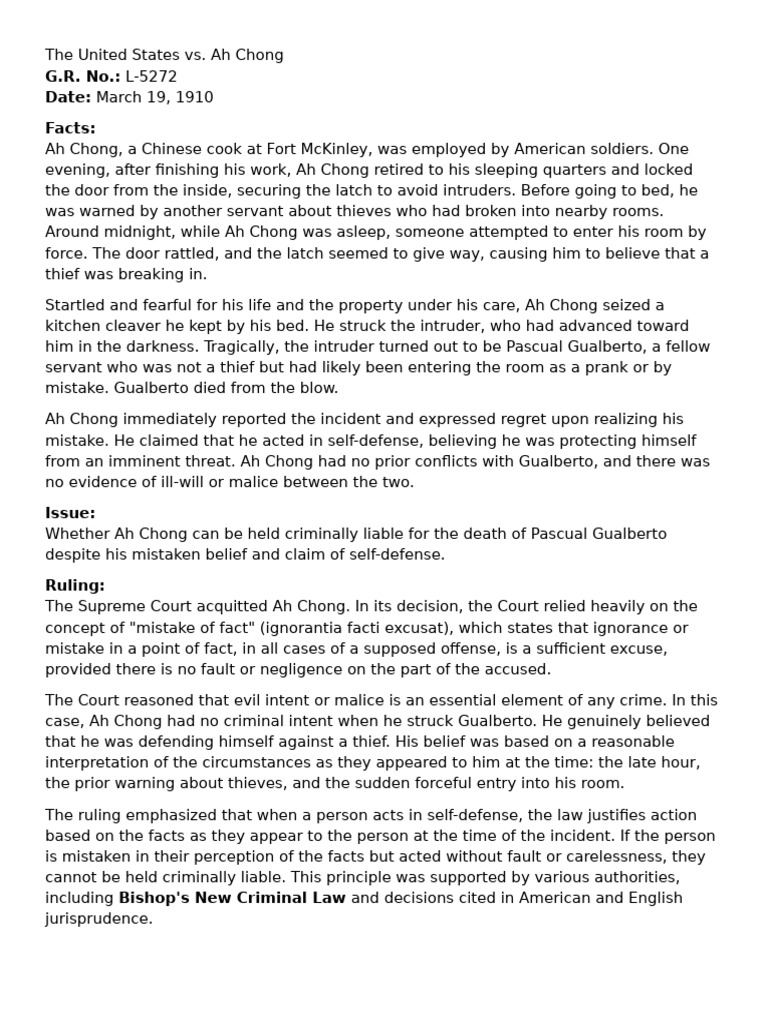 US vs Ah Chong | PDF | Mens Rea | Crimes