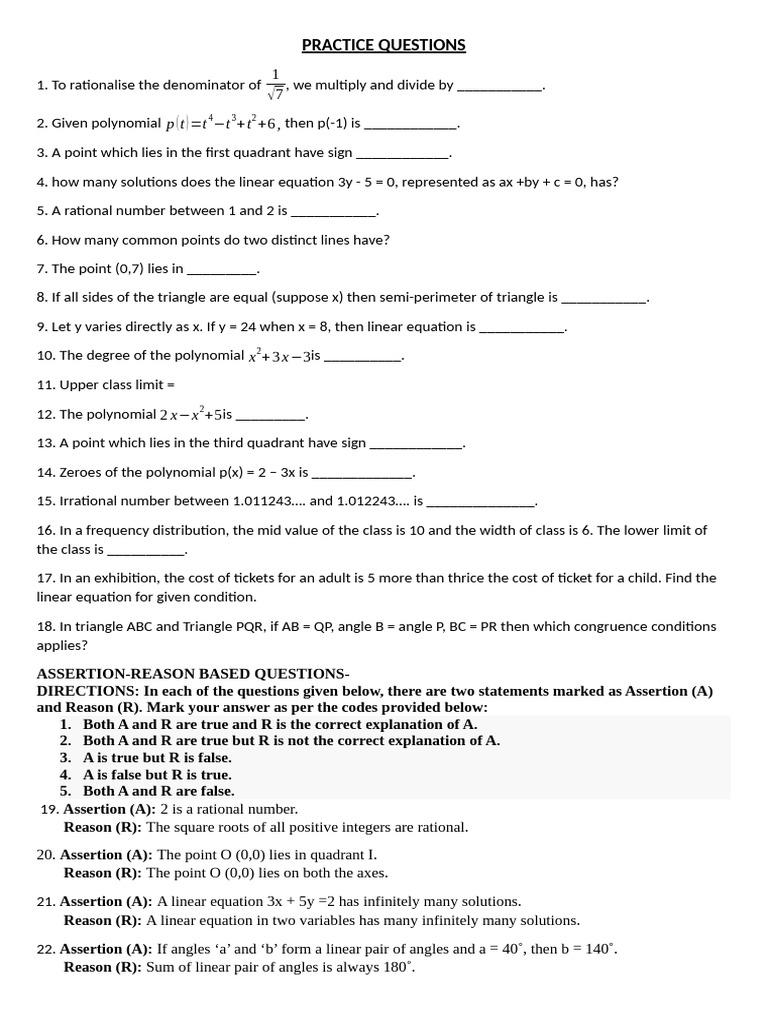Practice Questions Grade 9 | PDF | Polynomial | Equations