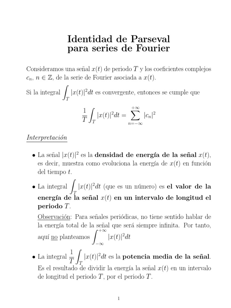 Identidad Parseval SF | PDF | Series de Fourier | Integral