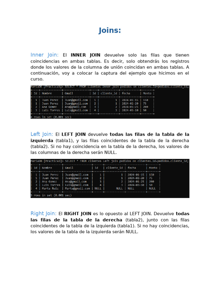Joins y Subconjuntos | PDF | Gestión de datos | Informática