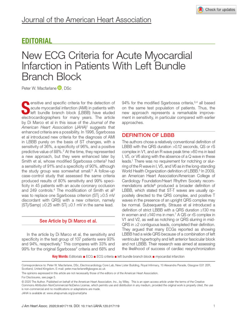 Macfarlane 2020 New Ecg Criteria For Acute Myocardial Infarction in Patients With Left Bundle ...
