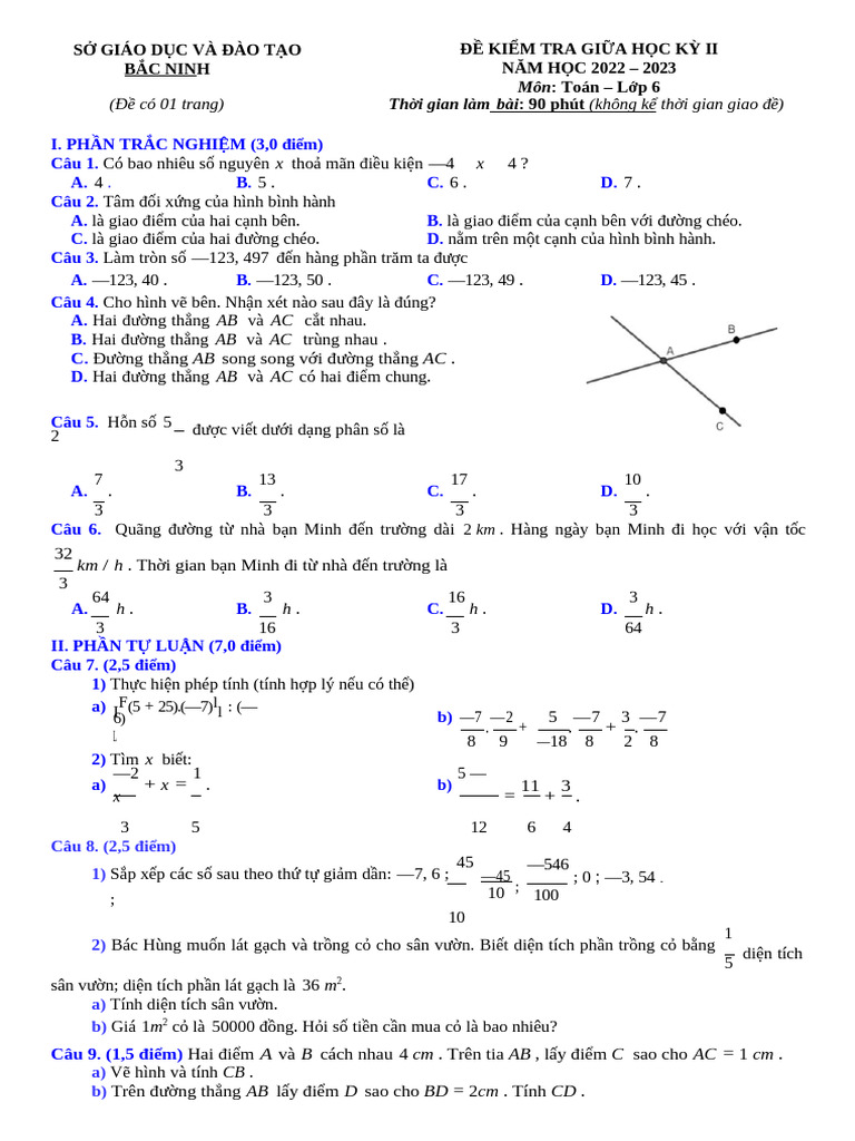 De Kiem Tra Giua Hoc Ky 2 Toan 6 Nam 2022 2023 So Gddt Bac Ninh | PDF