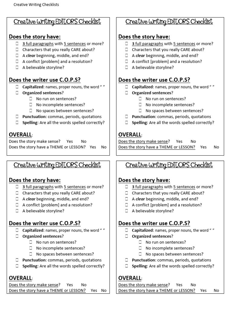 CreativeWritingStudentPeerSelfEditingChecklistandRubric-1 | PDF ...