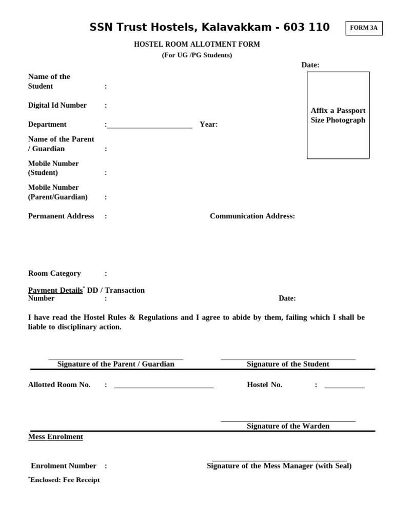 Hostel - Room Allotment Form | PDF