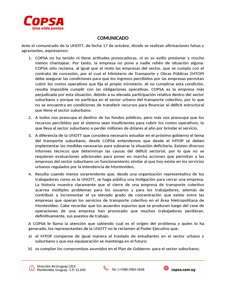 COPSA Responde a UNOTT sobre Crisis Transporte | PDF | Business ...