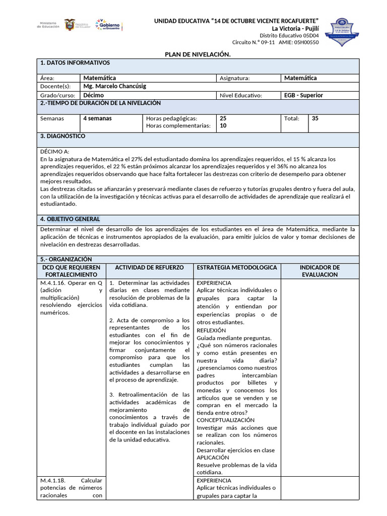 Plan de Nivelación Décimo Egb | PDF | Evaluación | Aprendizaje