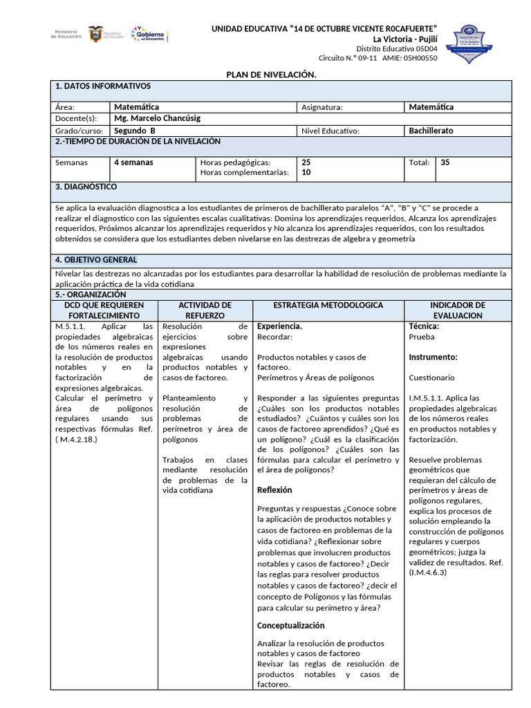 Plan de Nivelación Segundo Bgu - b | PDF | Factorización | Evaluación