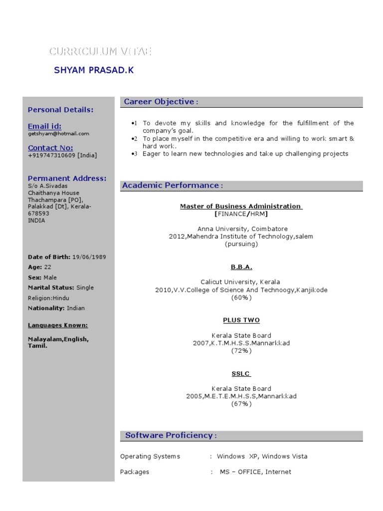 Shyam Prasad K's Curriculum Vitae | PDF