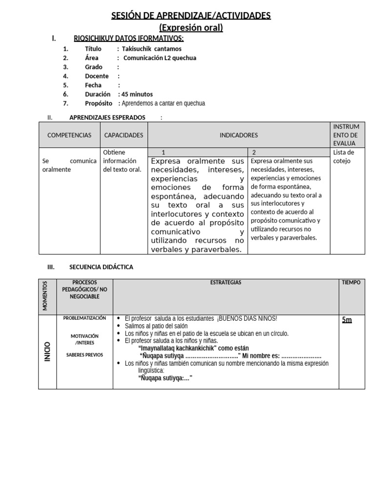 Sesion de Aprendizaje en Quechua | PDF | Maestros | Aprendizaje