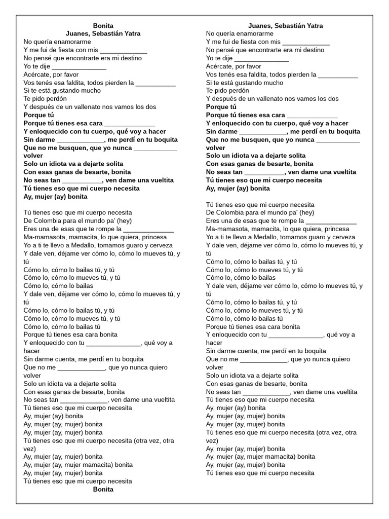 Bonita, Juanes - Voseo, Tuteo | PDF