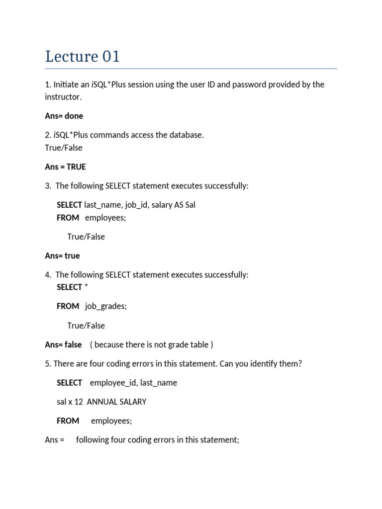 Lecture 01 | PDF | Table (Database) | Sql