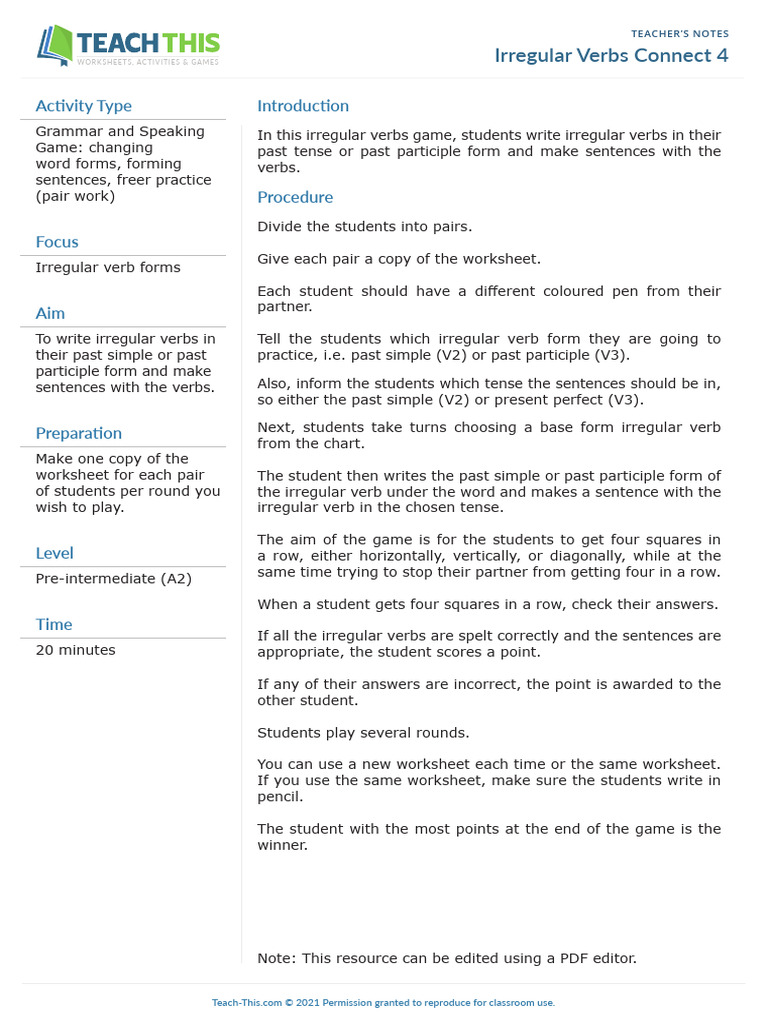 Irregular Verbs Connect 4 Game | PDF | Verb | Grammatical Tense