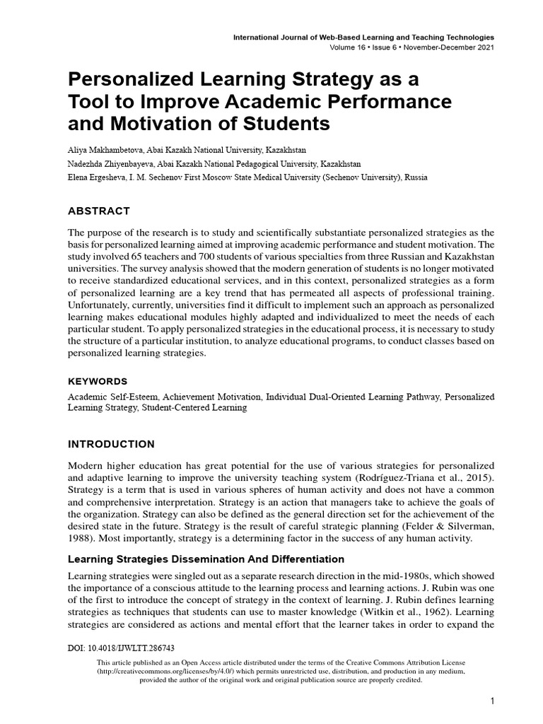 Personalized Learning Strategies for Students | PDF | Self Efficacy ...