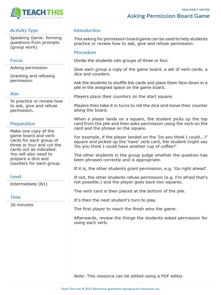 Asking Permission Board Game | PDF | Linguistics