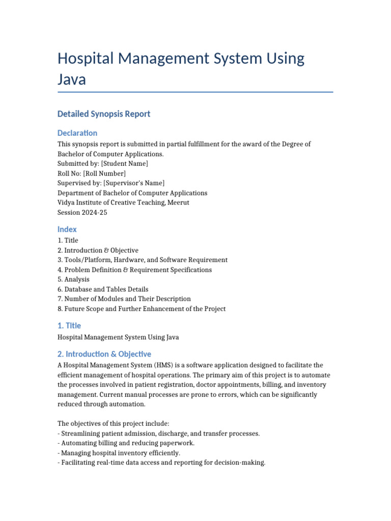 Hospital Management System Project Report | PDF | Java (Programming ...