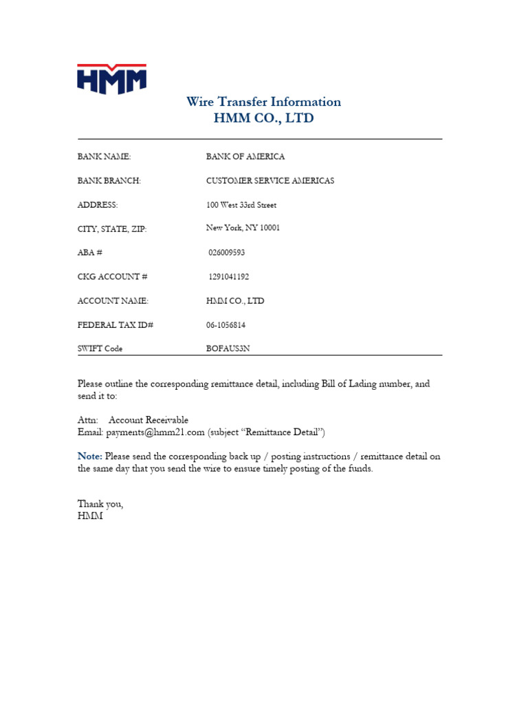 Bank of America Wire & ACH Details | PDF