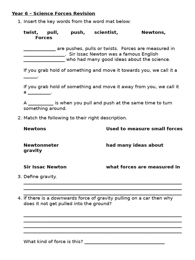 Year 6 Forces Revision Term 1 | PDF | Force | Gravity
