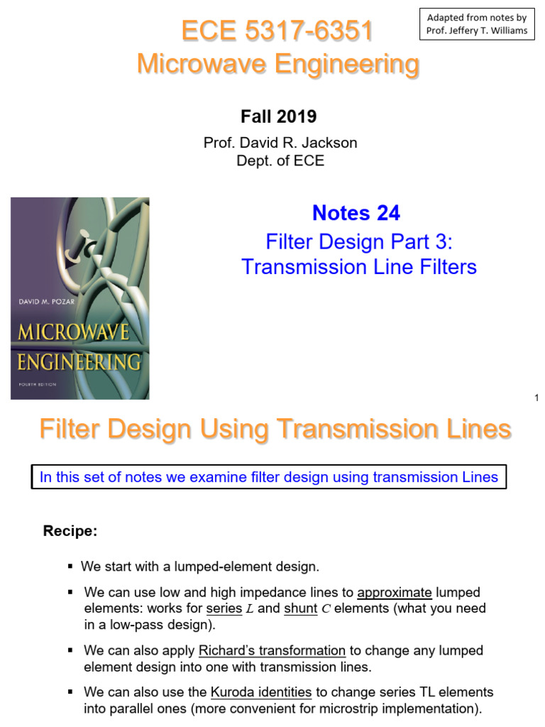 Notes 24 5317-6351 Filter Design Part 3 (Transmission Line Filters ... Notes 24 5317-6351 Filter Design Part 3 (Transmission Line Filters ...