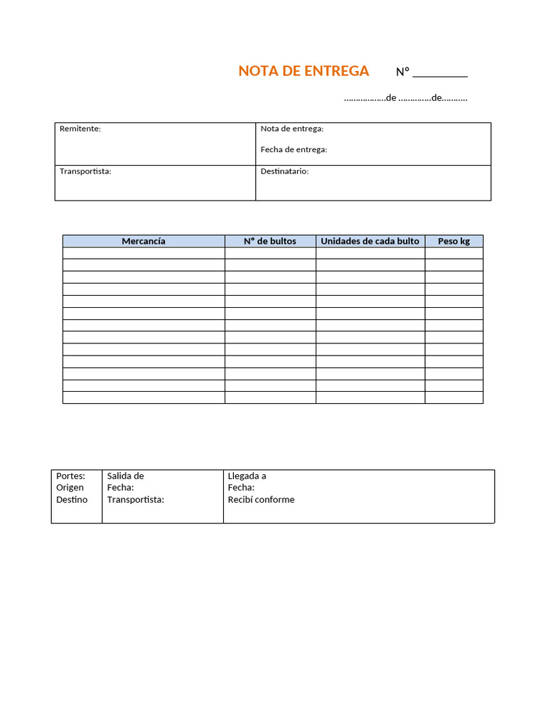Modelo De Nota De Entrega Word