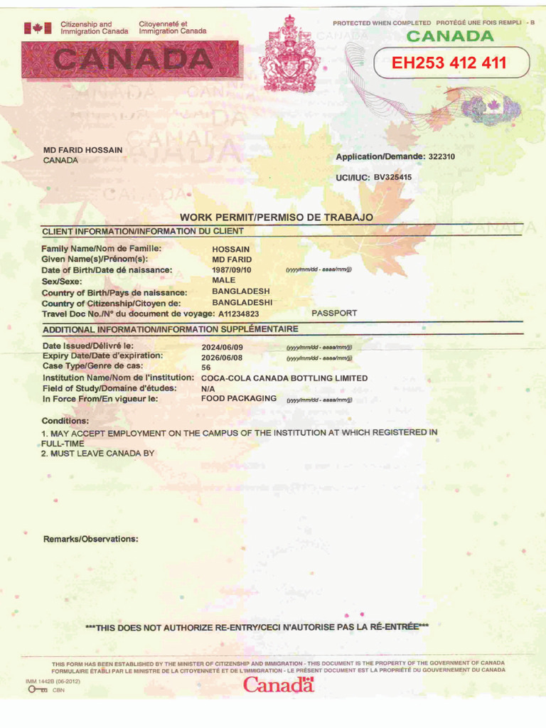 MD Farid Hossain Work Permit | PDF