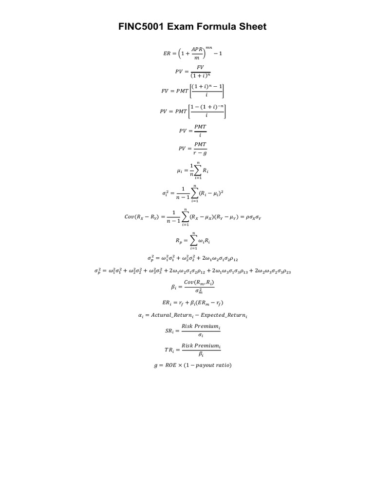 FINC5001 Exam Formula Sheet Guide | PDF | Teaching Methods & Materials