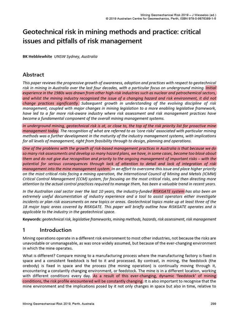 Hebblewhite (2019) - Geotechnical Risk in Mining Methods and Practice Critical Issues and ...