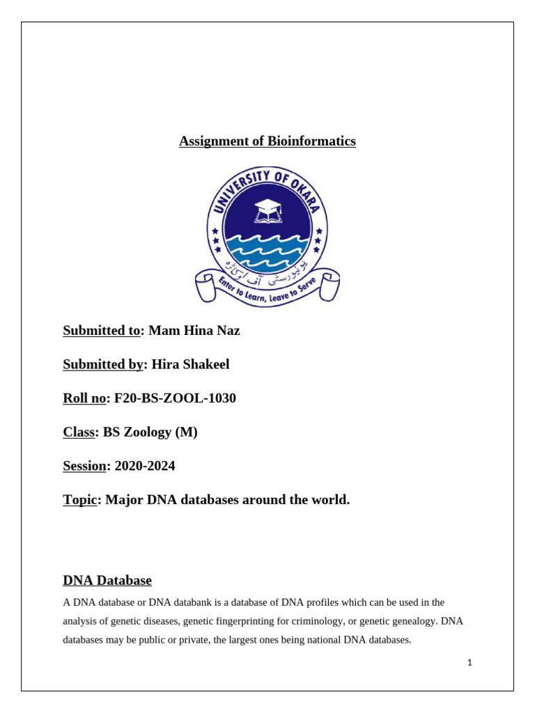 Assignment of Bioinformatics | PDF | Dna Profiling | Biotechnology Assignment of Bioinformatics | PDF | Dna Profiling | Biotechnology