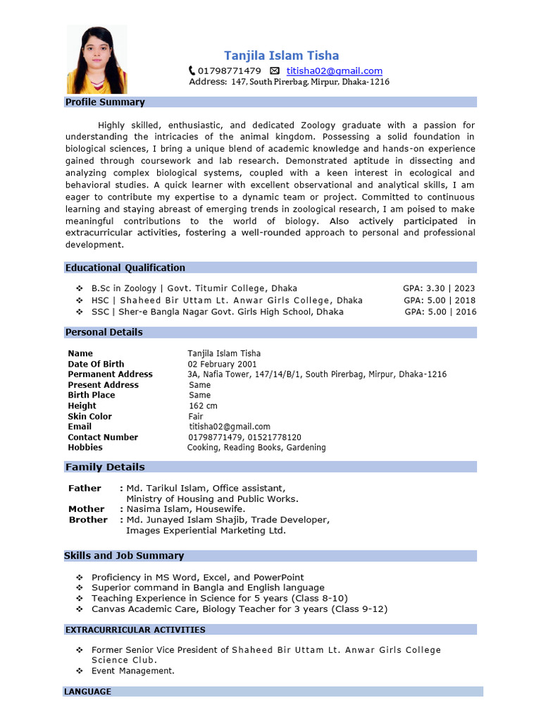 CV of Tanjila Islam Tisha 3 | PDF | Behavior Modification | Cognition