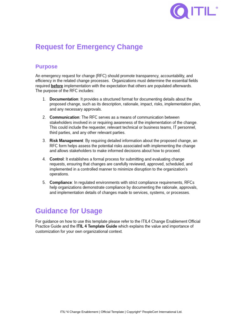 ITIL 4 Emergency Change Request Template | PDF | Regulatory Compliance ...
