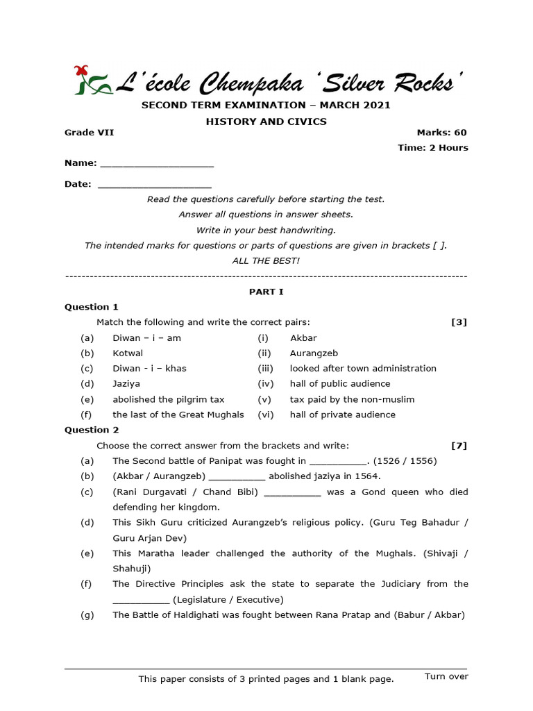 Grade VII History and Civics Exam 2021 | PDF | Mughal Empire