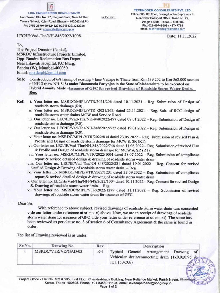 IE2419-LECPL-1008-11.11.2022 Issuance of GFC For Revised Drawings of ...
