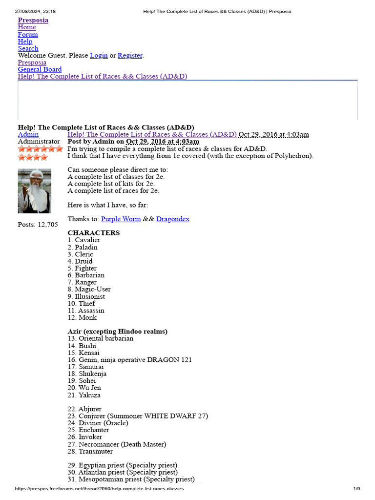 The Complete List of Races && Classes (AD&D) - Presposia | PDF | D20 ...