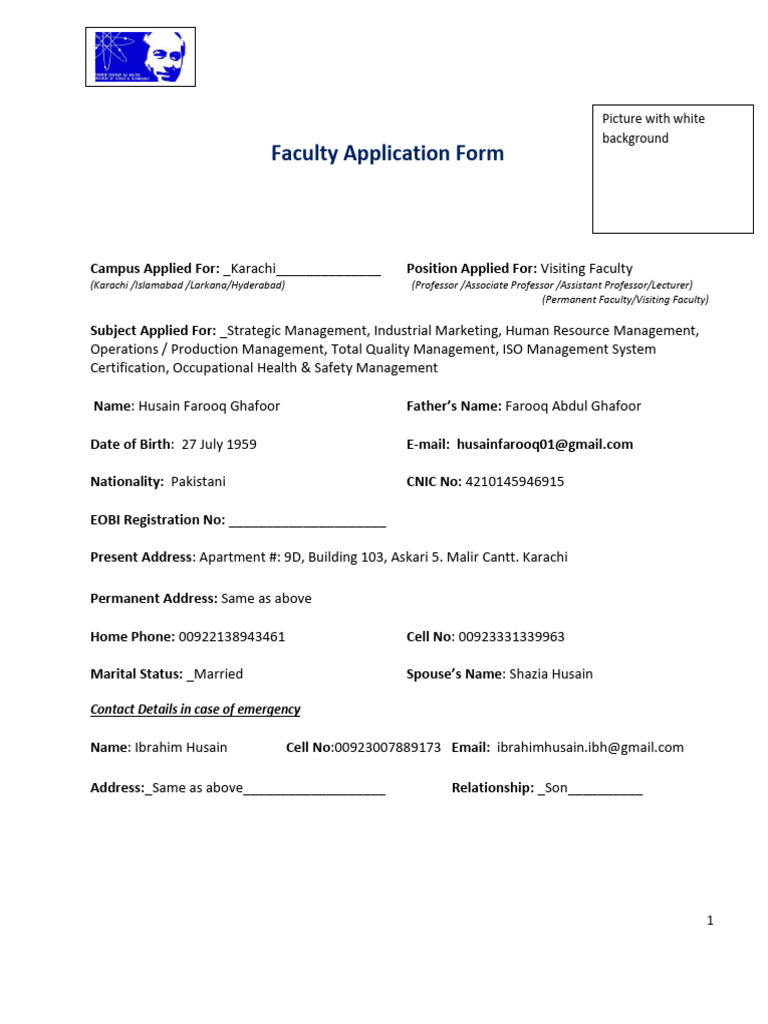 Faculty Application Form SZABIST 1 | PDF | Business
