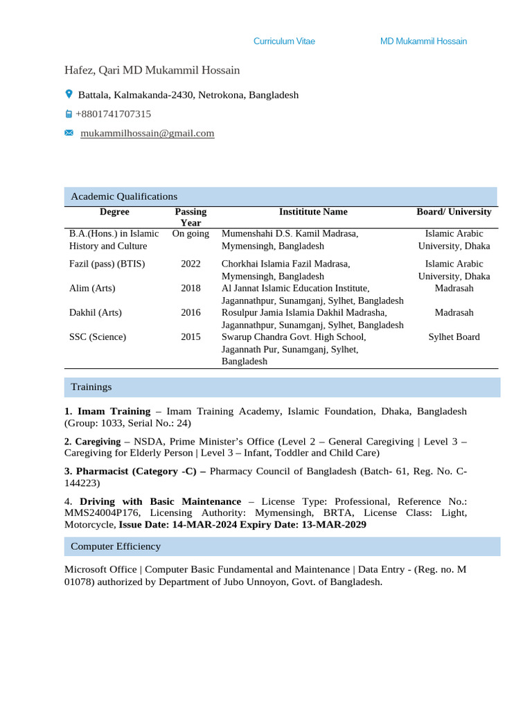 MD Mukammil Hossain CV & Qualifications | PDF