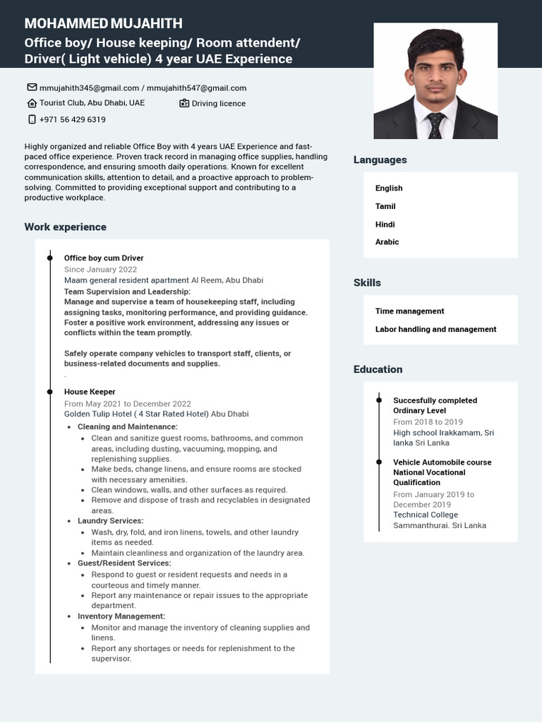CV 2024-09-17 Mohammed Mujahith | PDF | Housekeeping