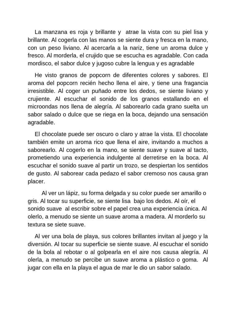 Ejemplos de oraciones con los 5 sentidos | PDF | Cocina, comidas y vino