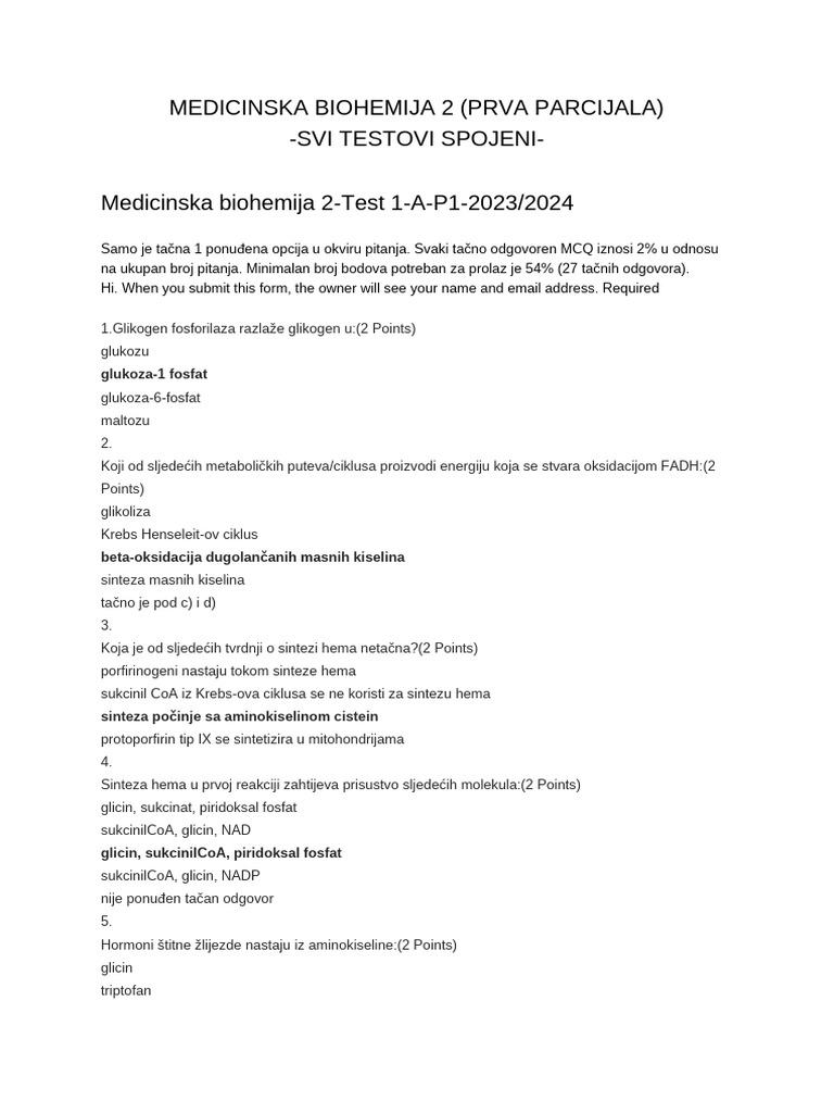 Medicinska Biohemija 2 (Prva Parcijala) - Svi Testovi Spojeni ...