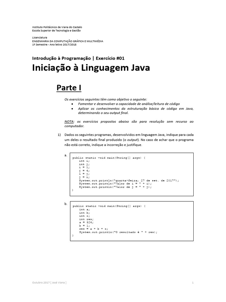 Exercicio01 IniciacaoLinguagemJava | PDF | Java (linguagem de ...