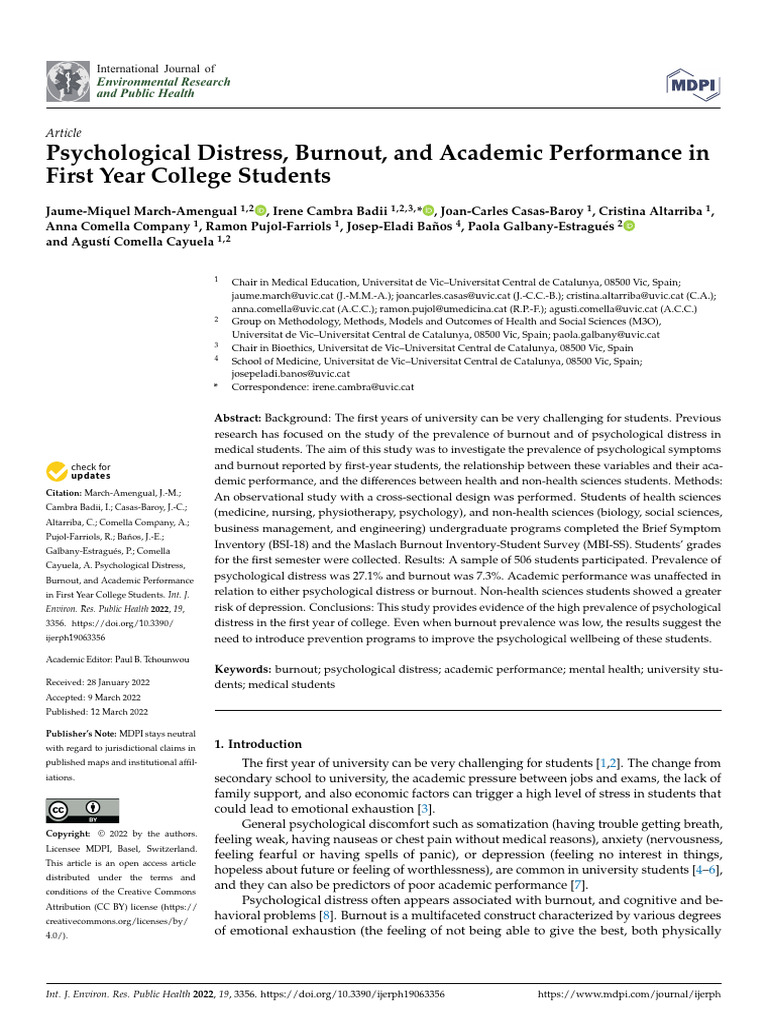 Psychological Distress, Burnout, and Academic Performance in First Year ...