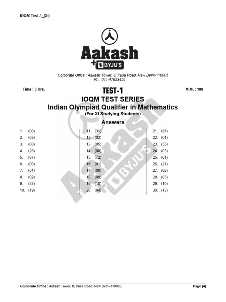 Olympiad Workshop - Test-1 - IOQM - (Answer Key & Sol.) | PDF ...